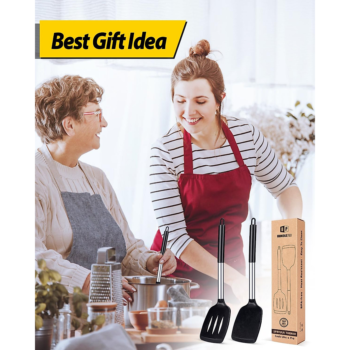 Pack of 2 Silicone Solid Turner ,Non Stick Slotted Kitchen Spatulas ,High Heat Resistant BPA Free Cooking Utensils ,Ideal Cookware for Fish ,Eggs ,Pancakes (Black)