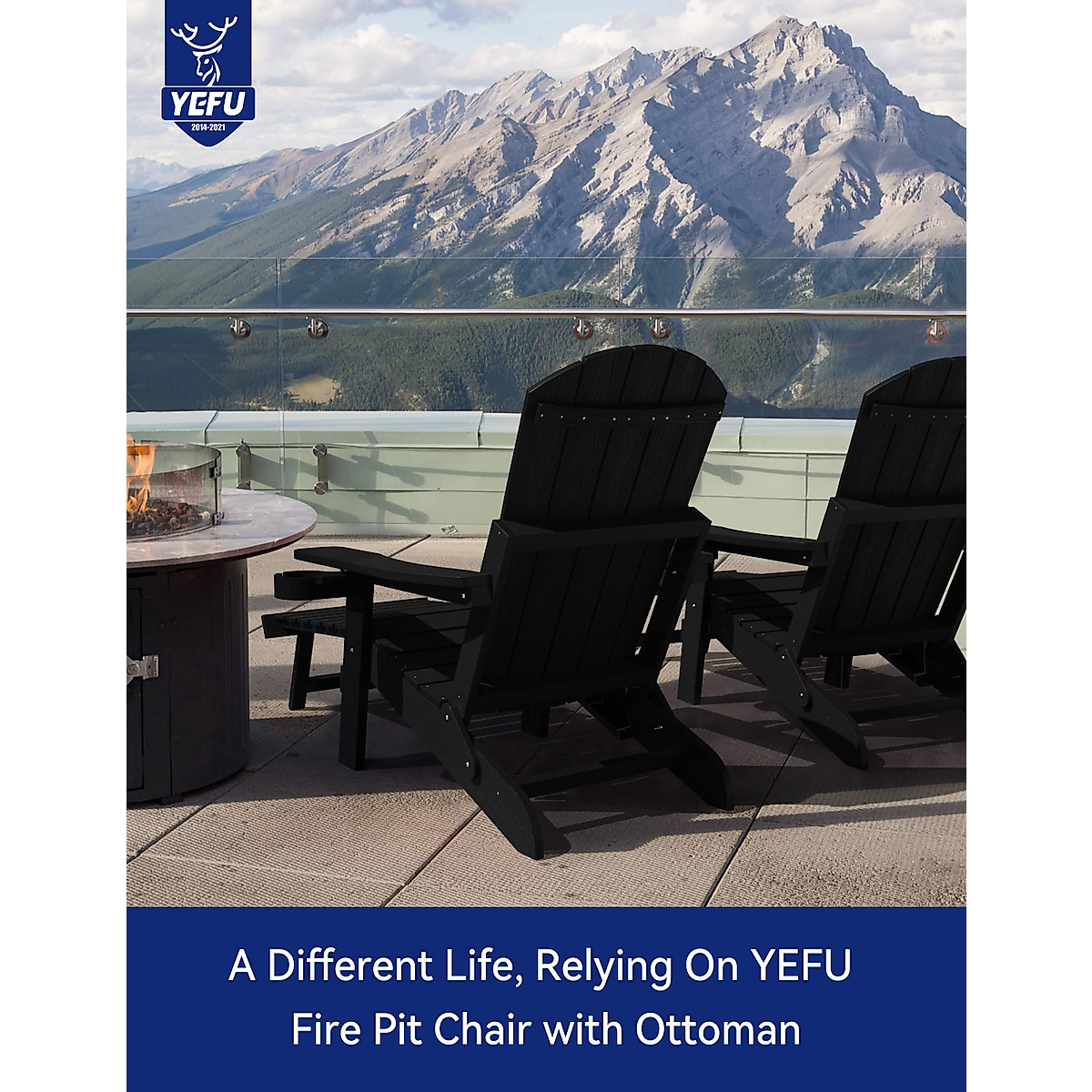 YEFU Adirondack Chair with Ottoman, Adjustable Backrest Adirondack Chairs, Folding Outdoor Fire Pit Chair with 2 Cup-Holders, Weather Resistant for Patio Lawn Outside Garden Pool, 380lbs (Black)