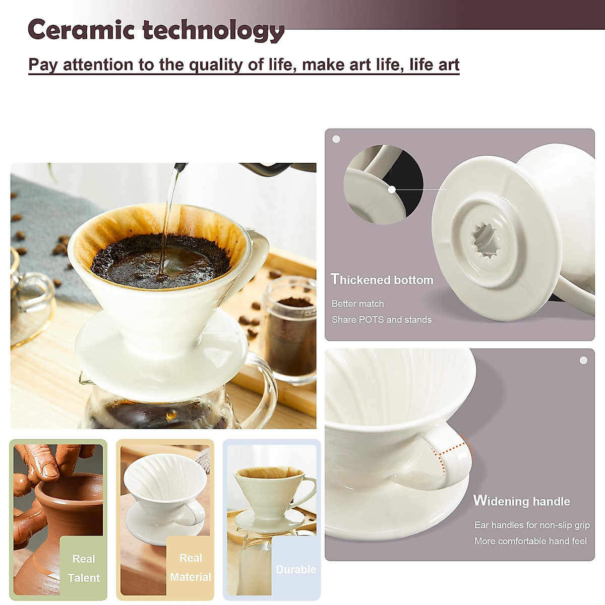 dolljojo Pour Over Coffee Dripper-V60/V02, Ceramic Coffee Dripper Pour Over Cone Coffee Maker Size 02,Portable Coffee Maker For 1-4 Cups,For Home, Cafe, Restaurants (Cream White)