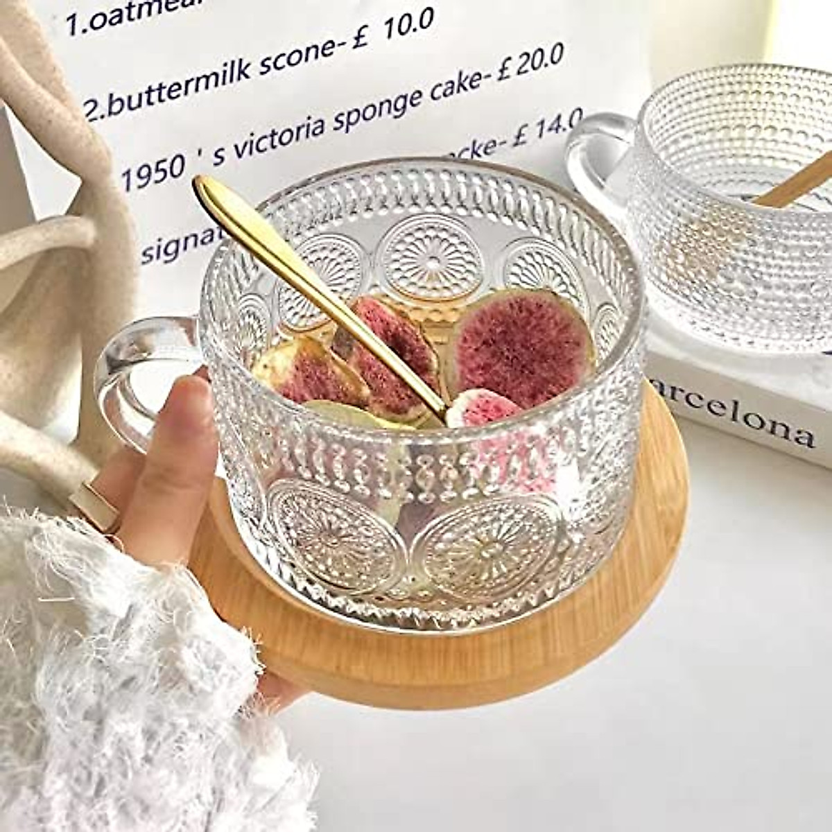 Amzcku Vintage Coffee Tea Cups, Glass Mugs 14 Oz Set of 2 Embossed Glassware with Handle, for Cappuccino, Latte, Cereal, Yogurt, Beverage Hot/Cold, Milk