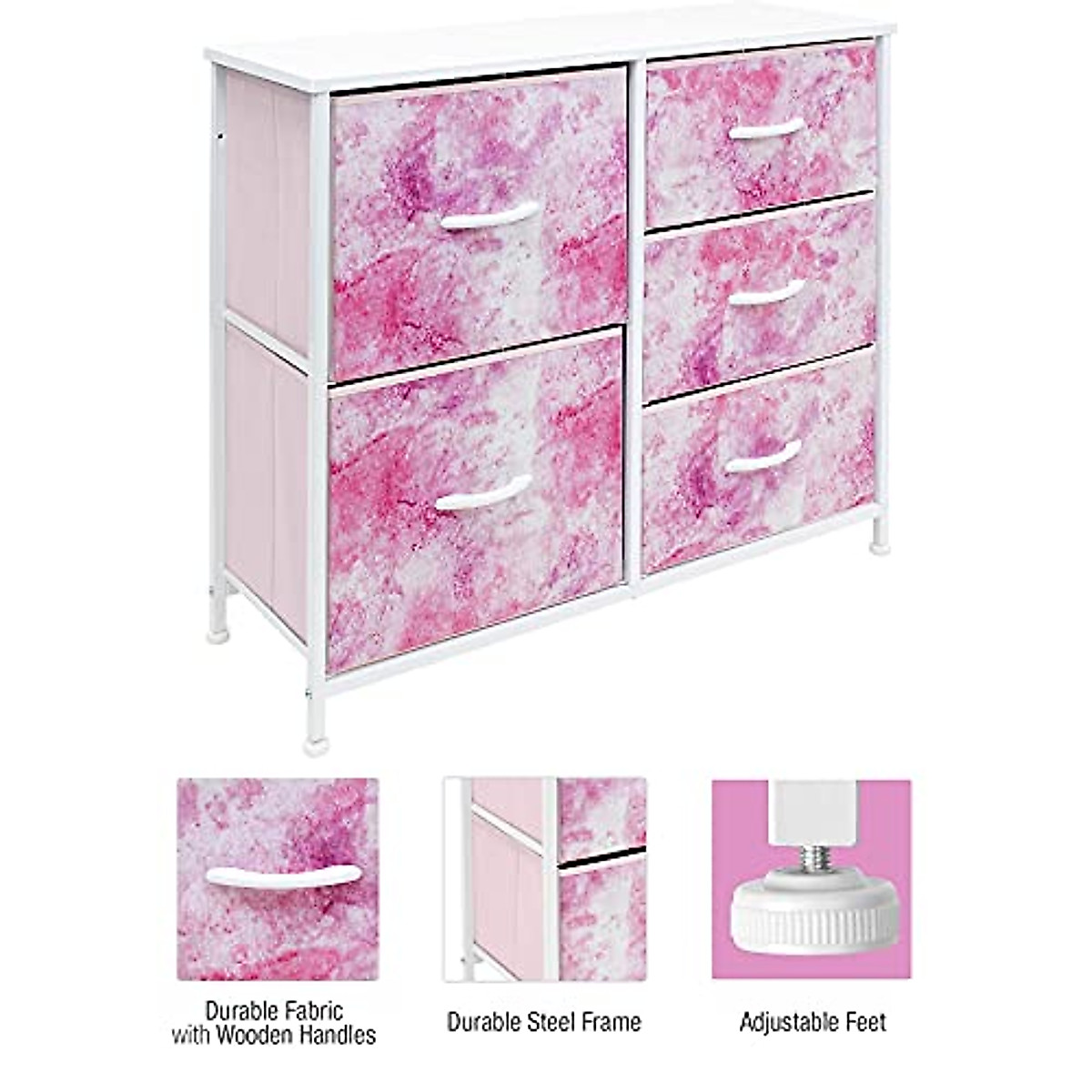 Sorbus Dresser with 5 Drawers - Bedside Furniture & Night Stand End Table Dresser for Home, Bedroom Accessories, Office, College Dorm, Steel Frame, Wood Top (Tie-Dye Pink)