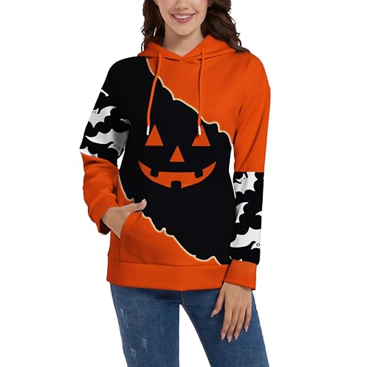 TMSD Women's Halloween Long Sleeve Pumpkin Funny Pullover Hoodie with Pocket Pumpkin Face M