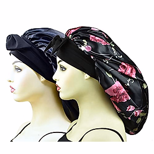 Extra Large Sleep Cap Satin Bonnet for Sleeping Long Hair Bonnet for Women Large Night Cap for Curly Hair XL Silk Bonnets (Black + Rose)