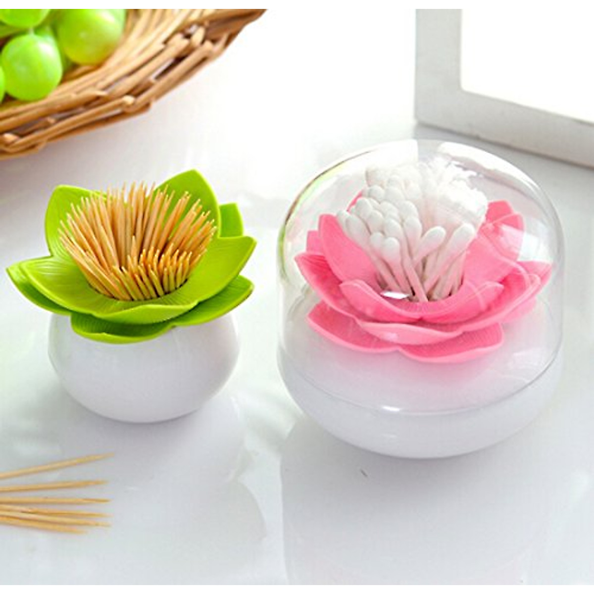 MaxS Lotus Cotton Swab Holder Small Toothpicks Q-tips Storage Organizer Canister Jar for Swabs Cosmetic Pads - White