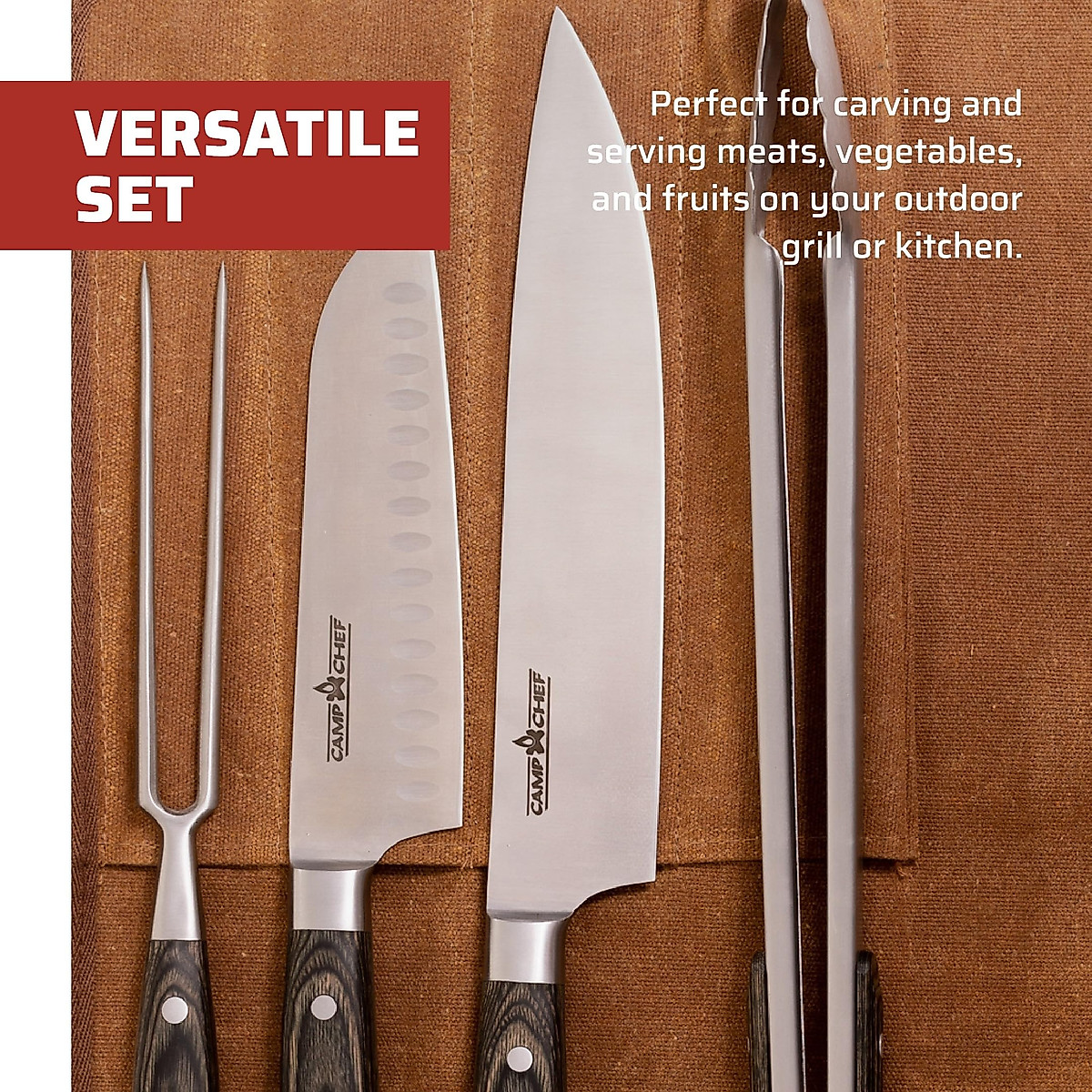 Camp Chef 4-Piece Carving Set - Includes Chef Knife, Santoku Knife, Grill Tongs & Carving Fork - Perfect for Indoor & Outdoor Cooking