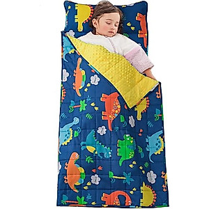 Sivio Nap Mat Weighted Blanket 3lbs, Weighted Nap Mat Blanket with Detachable Pillow, 50 x 20 Inches, Blue Dinosaur