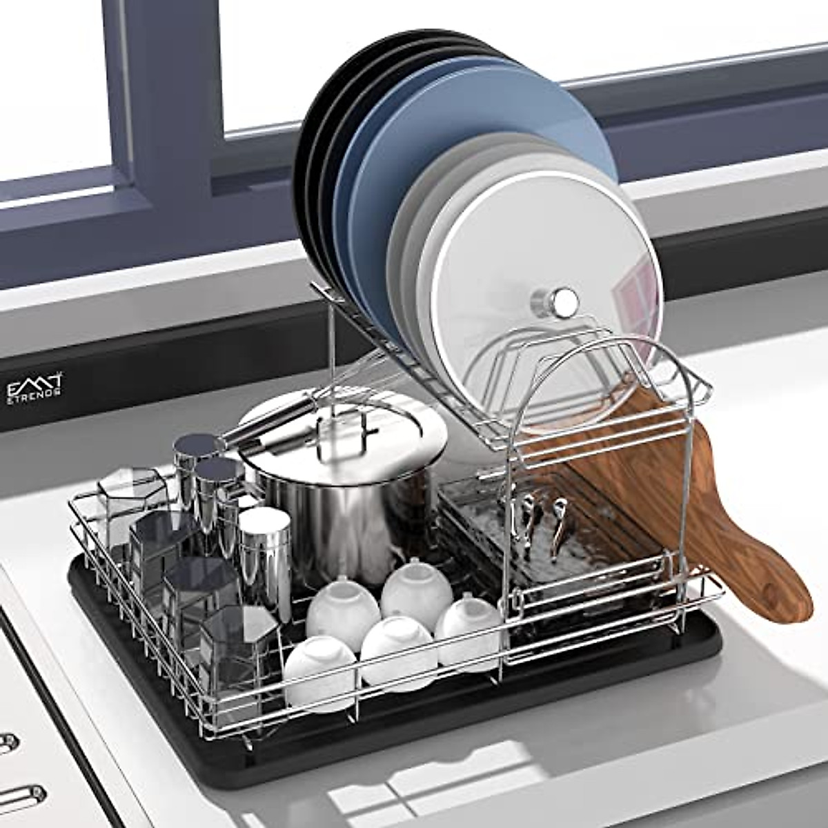 EMT ETRENDS Large Dish Drying Rack,2-Tier Dish Racks for Kitchen Counter,Rust-Proof Detachable Dish Drainers for Sink with Drainboard,Utensil Holder（Chrome Plating，Steel）