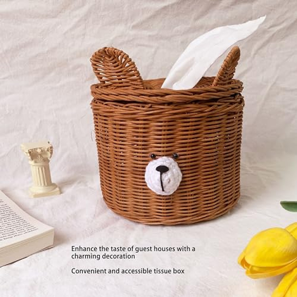 Atyhao Cute Bear Tissue Box Cover Rattan Holder with Lid, Round Easy Maintenance Dispenser, Versatile Decor, Photography Prop for Kids Rooms, Tables