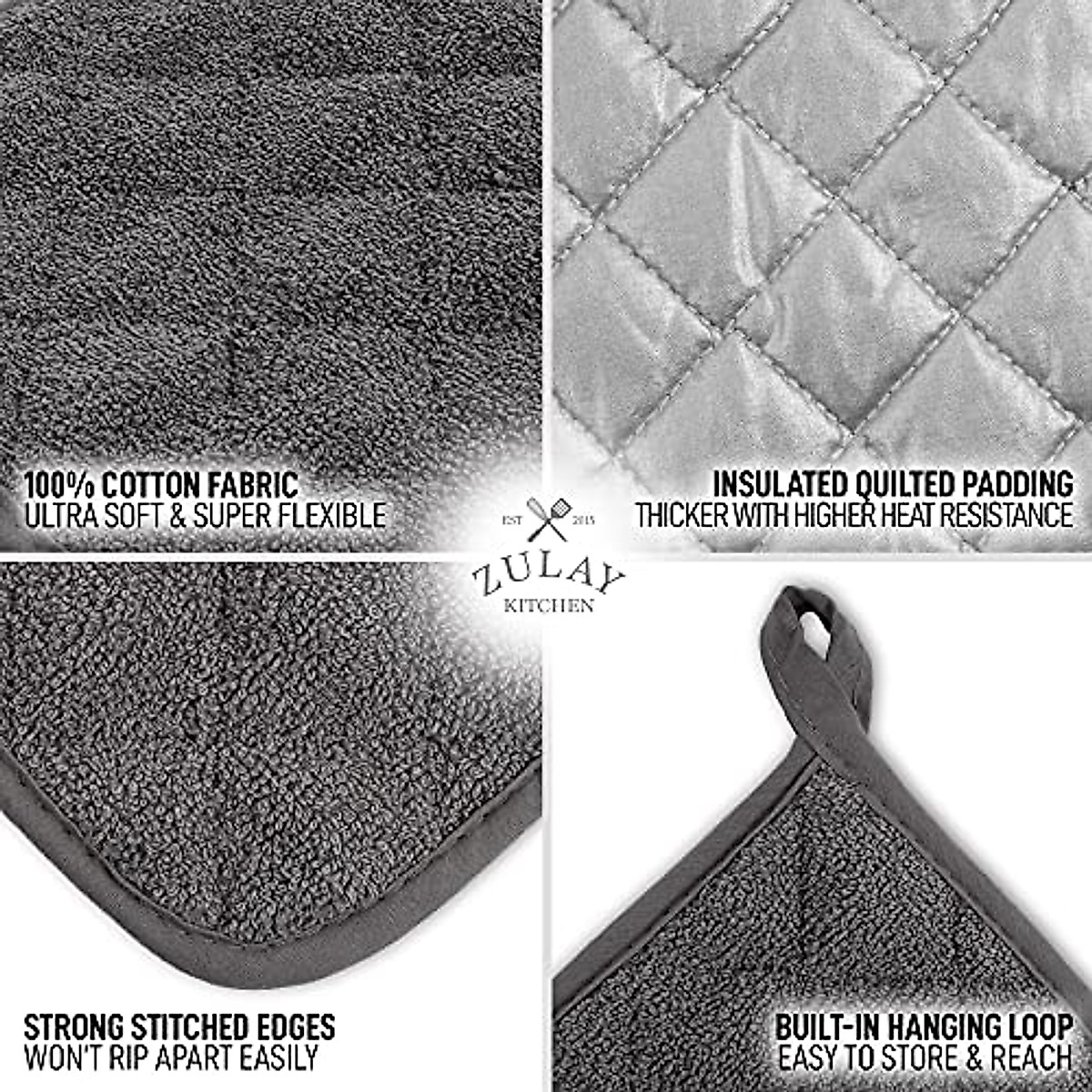 Zulay 6-Pack Pot Holders for Kitchen Heat Resistant Cotton - 7x7 Inch Hot Pot Holder Set - Quilted Terry Cloth Potholders for Kitchens - Washable Potholder for Cooking & Baking (Gray)