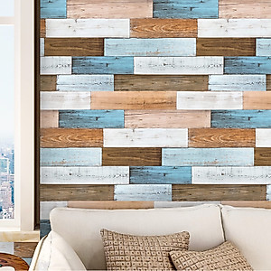 YAMANGU Wood Peel and Stick Wallpaper,Shiplap Wallpaper Blue Distressed, Wall Paper for Living Room, Bedroom, Cabinets, Home Decoration, Brown White Grey Colorful Wood Grain Contact Paper