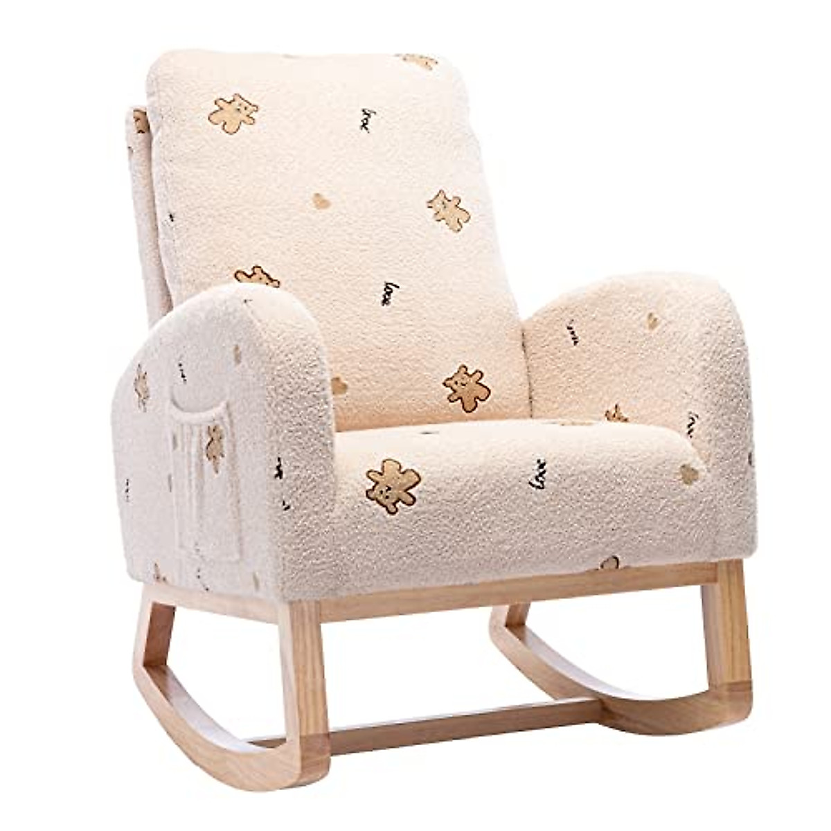 Setawix Rocking Chair for Nursery, Midcentury Modern Accent Rocker Armchair with Side Pocket, Upholstered High Back Wooden Rocking Chair for Living Room Baby Room Bedroom（Beige Bear）