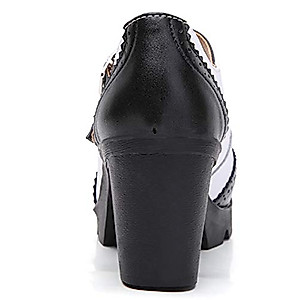 DADAWEN Women's Chunky Low Block Heels Mary Jane Closed Toe Work Pumps Comfortable Round Toe Oxfords Dress Wedding Shoes Black/White US Size 8.5