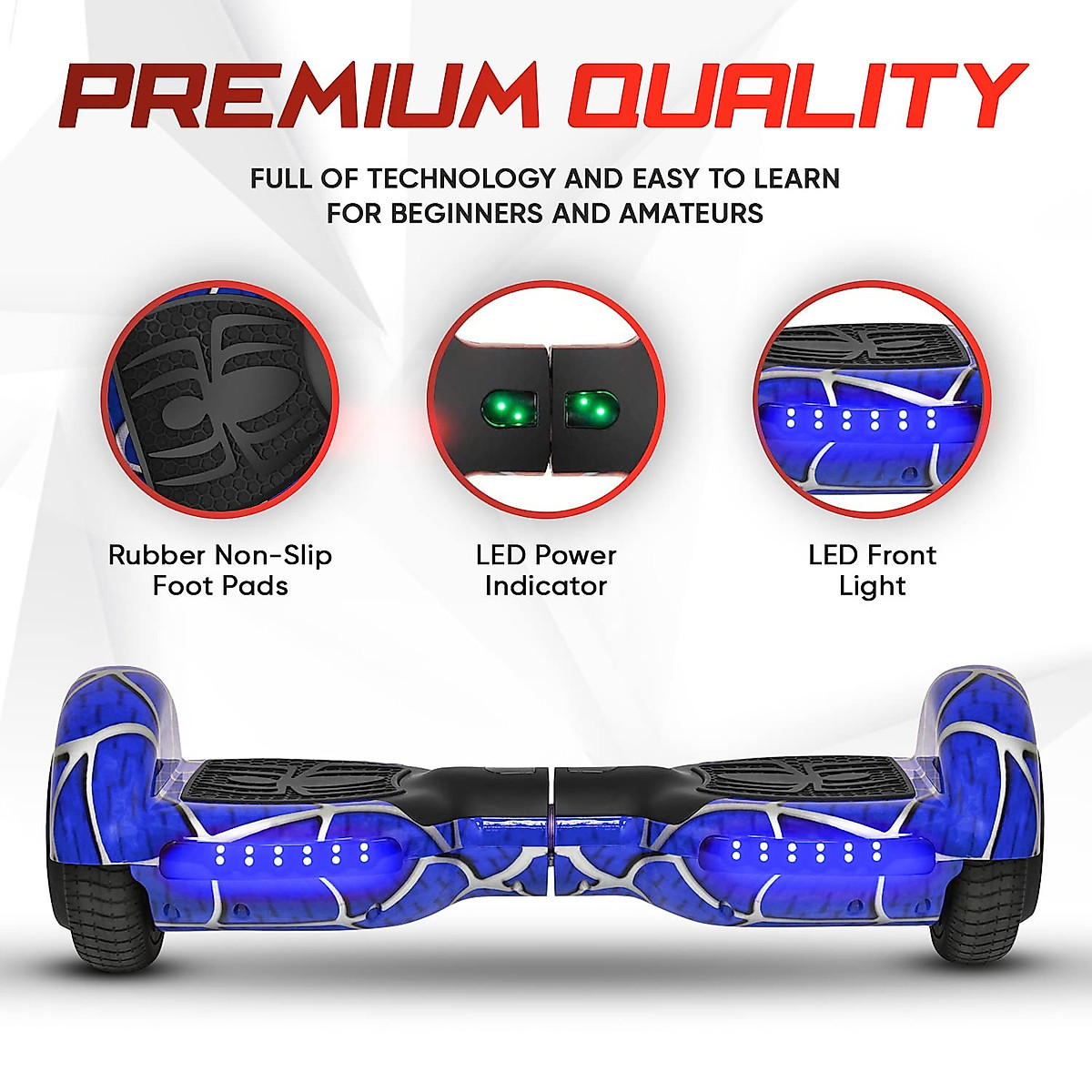 EMAXUSA, Spider-Pattern Hoverboard for Kids Ages 6-12, with Bluetooth Speaker and LED Lights 6.5" Hover Board, UL2272 Safety Certified (Blue)
