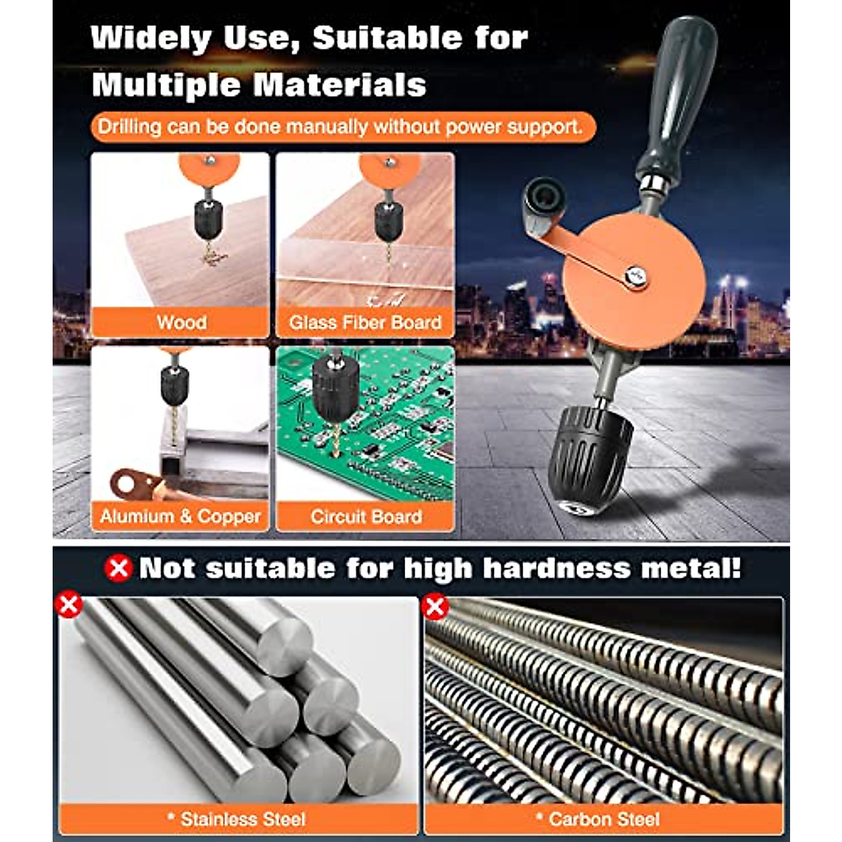 Housolution Hand Drill, Powerful 3/8 inches (1-10mm) Capacity Hand Drill Manual with Precision Keyless Drill Chucks, Cast Steel Manual Drill with 13Pcs Drill Bit Set for Wood Plastic, Orange