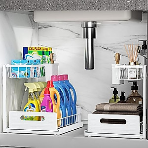 SPACEKEEPER Under Sink Organizer, 2-Tier Sliding Under Bathroom Sink Storage Pull Out Cabinet Organizer Metal Material Multi-purpose for Kitchen Bathroom, White, 2 Pack