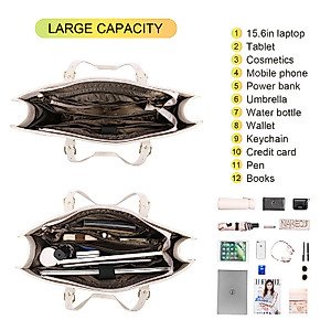 LOVEVOOK Laptop Bag for Women, Fashion Computer Tote Large Capacity Handbag, Leather Shoulder Bag Purse Set, Professional Business Work Briefcase for Office Lady, 2PCs, 15.6-Inch, Beige White