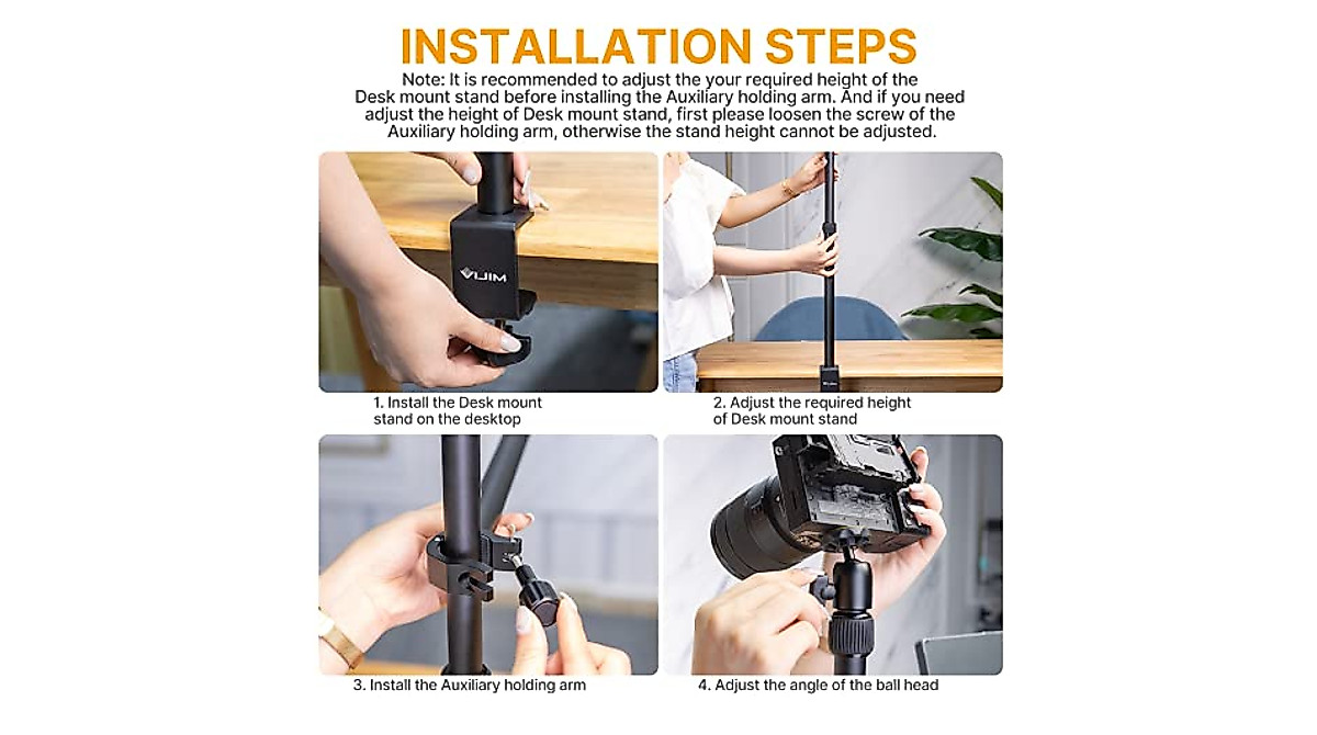 jusmo Camera Desk Mount with Arm & Phone Grip for Creators