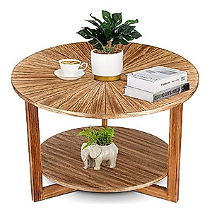 Coffee Tables for Living Room, Small Round Coffee Table with Storage, Mid Century Modern Solid Wood Coffee Table, Rustic Wooden Circle Center Table Living Room Furniture, Brown Tea Table