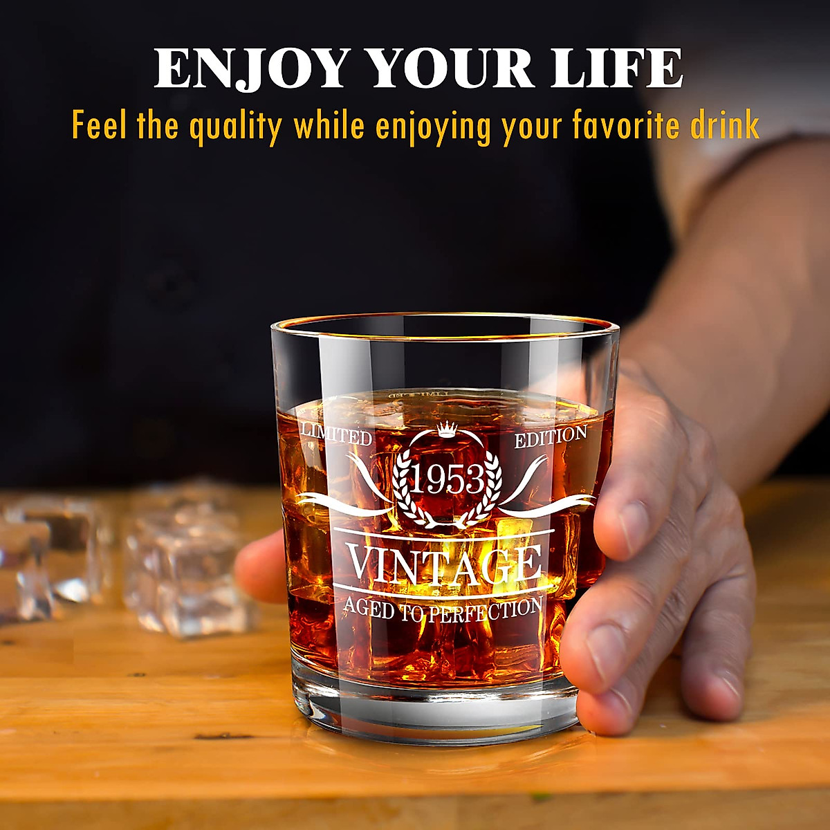 BEYOND MS 70th Birthday Gifts for Men - 70th Birthday Decorations for Men - 1953 Whiskey Glass in Valued Wooden Box - Anniversary Ideas for Him, Dad, Husband, Friends - 12oz Whiskey Glass