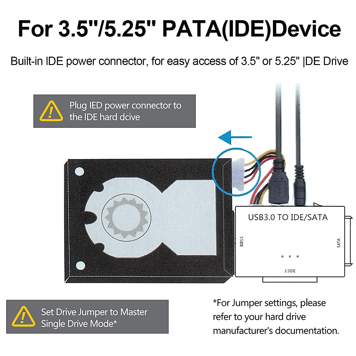 EYOOLD SATA IDE to USB 3.0 Adapter, External Hard Drive Reader Ultra Recovery Converter for Universal 2.5 3.5 IDE and SATA HDD SSD, 5.25-inch DVD/CD-ROM Optical Drive, Easy to Use