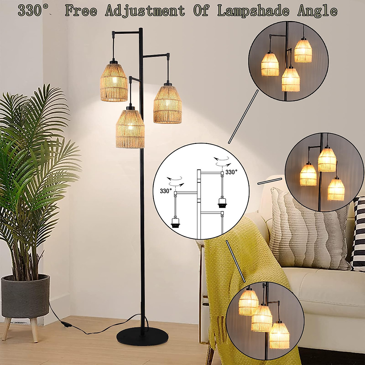 Rattan Floor Lamp for Living Room Bedroom 3-Lights Boho Tree Floor Lamps Modern Black Standing Lamp,Woven Hemp Rope Wicker 68"Tall Floor Light with Rotatable Farmhouse Foot Switch Rattan Tall Lamp