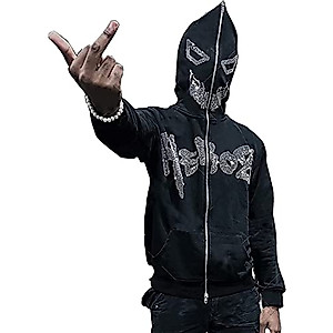 Y2k Black Rhinestone Zip Up Hoodie Women Oversized Sweatshirt Grunge Aesthetic Hoodies Men Casual Jackets Streetwears
