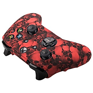 9CDeer 2 Pieces of Silicone Water Transfer Protective Sleeve Case Cover Skin + 8 Thumb Grips Analog Caps for Xbox One/S/X Controller, Skull Black & Red