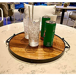 Wrightmart Handmade Round Wooden Serving Tray with Handle, Decorative Food Charcuterie, Beverage Server, Hand Shaped, Displays Natural Variations, Size May Vary Slightly, 14” Diameter