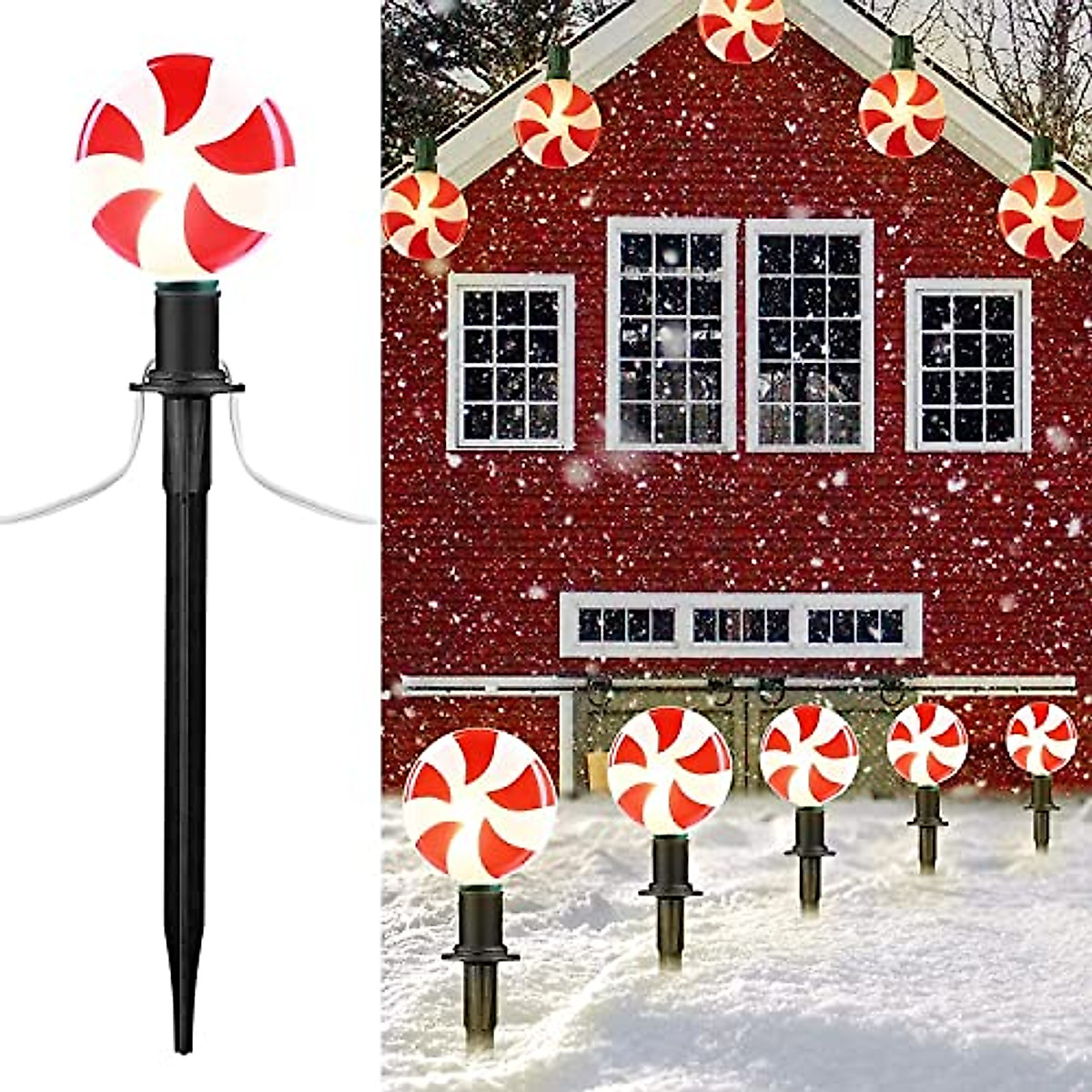 Christmas Lollipop Pathway Lights Outdoor, 7.2ft Plug in Peppermint Walkway String Lights for Christmas Decoration, Garden, Yard, Hangable, Waterproof, Connectable, Warm White (2 PC)