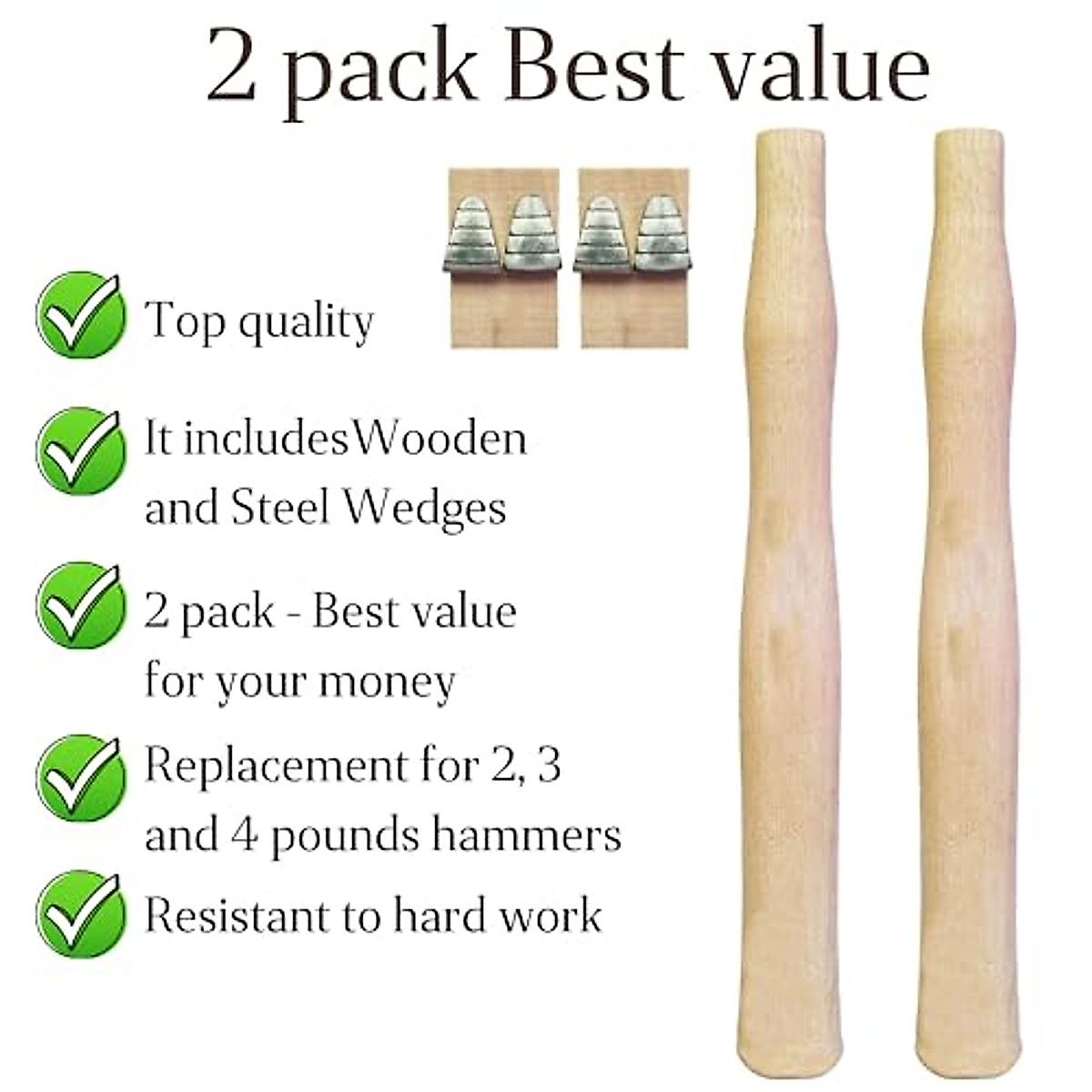 2 pack Wood Sledge hammer handle replacement for 2, 3 and 4 lb Complete Set with Wooden and Steel Wedges - Wood replacement ball pien hammer handle - Wood tool handle - Wooden handle hammers in bulk