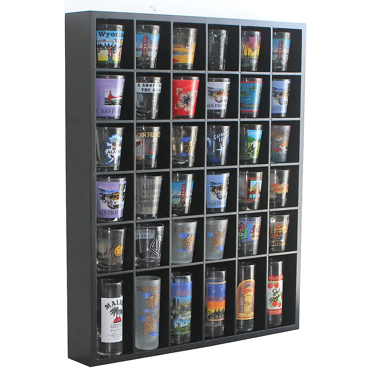 Black Shot Glass Display Case 36 Slots Minifigures Thimble Collection Display Rack Freestanding - No Door (with 1 Row for Tall Shooters)