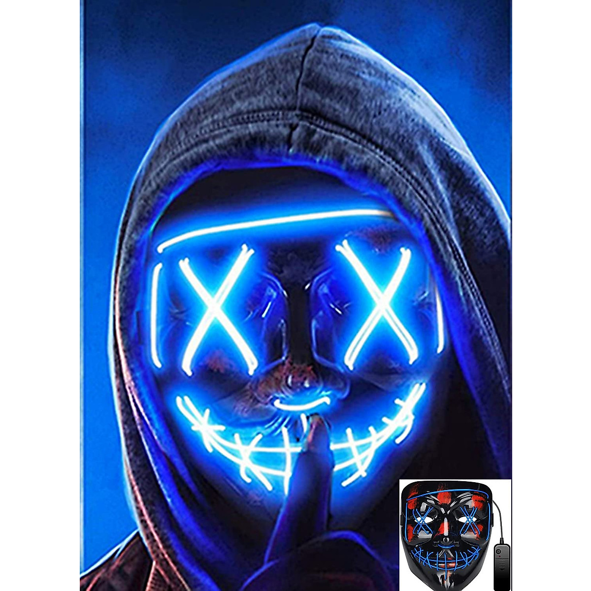 PENGYOU LED Halloween Mask Face El Wire Glow Scary Purge Light Up Masks LED for Women Men Kids Festival Gifts Blue, 8x6.9x3.5 inches