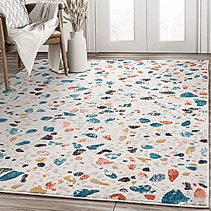 Terazzo Collection TER100A Mid Century Style Terracotta Teal Area Rug Cream 4' x 6'