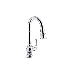 KOHLER Artifacts Single-hole kitchen sink faucet with 16" pull-down spout and turned lever handle, DockNetik magnetic docking system, and 3-function sprayhead featuring Sweep and BerrySoft spray
