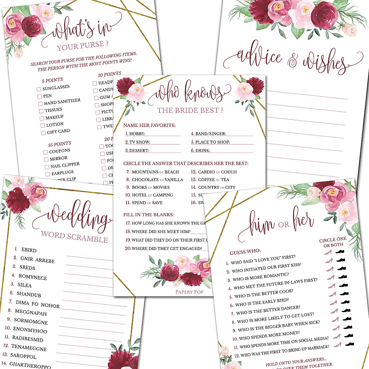 Papery Pop Bridal Shower Games - 5 Activities for 50 Guests - Double Sided Games - Rose Gold