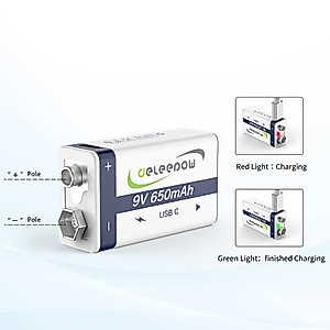 Deleepow Rechargeable 9V Batteries 650mAh USB 9V Lithium Battery 2 Pack with USB-C Cable
