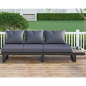 PaPaJet Aluminum Patio Conversation Set with Adjustable Backrest, 3 Piece 3 Seat Modern Outdoor Furniture Set with Wood Grain Plastic Top Side Table for Backyard Poolside Porch, Gray