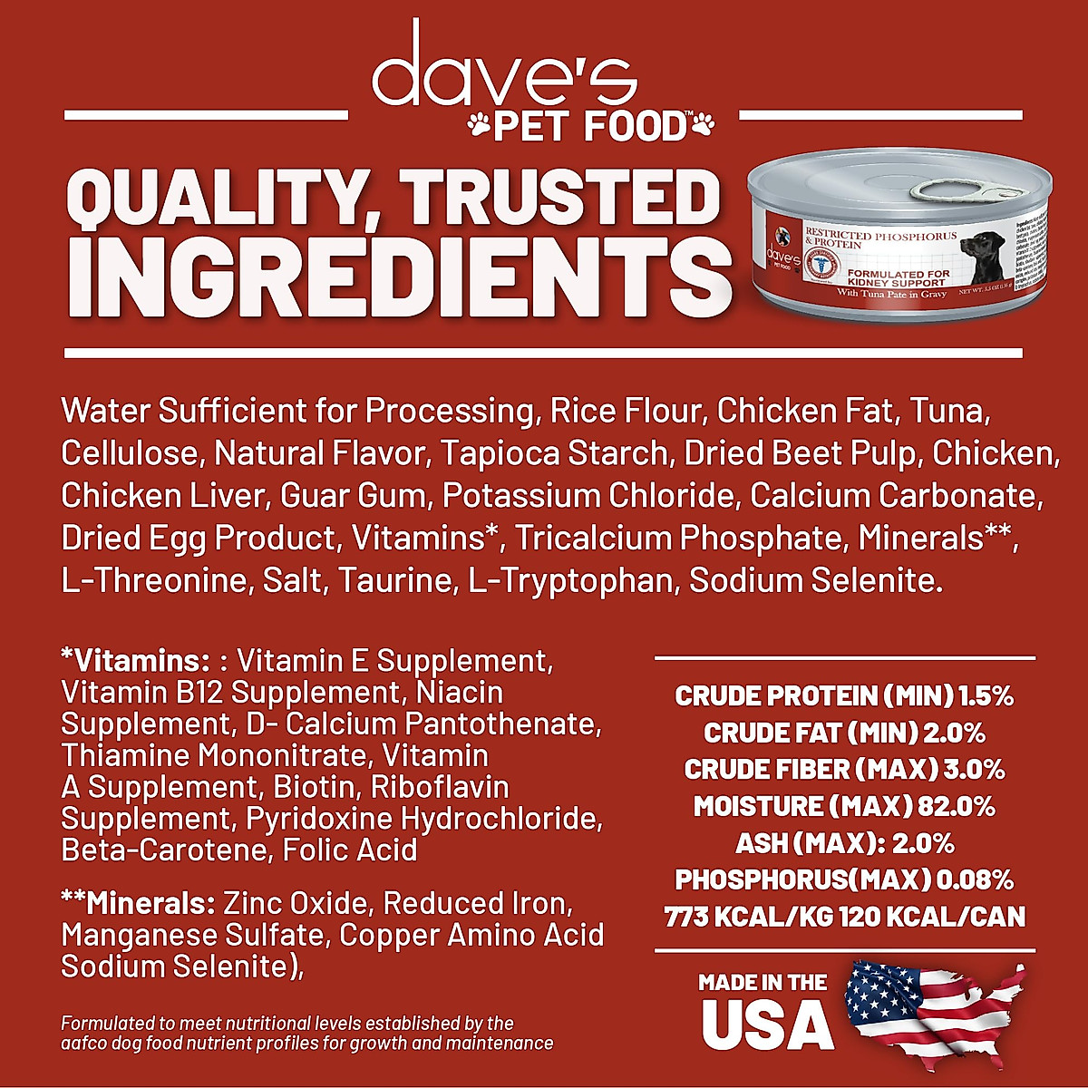 Dave's Pet Food Kidney Support for Dogs with Renal Support (Tuna Pate), Wet Renal Dog Food, Non-Prescription Low Phosphorus, Added Vitamins & Minerals, Vet Formulated (5.5 oz, Pack of 12)