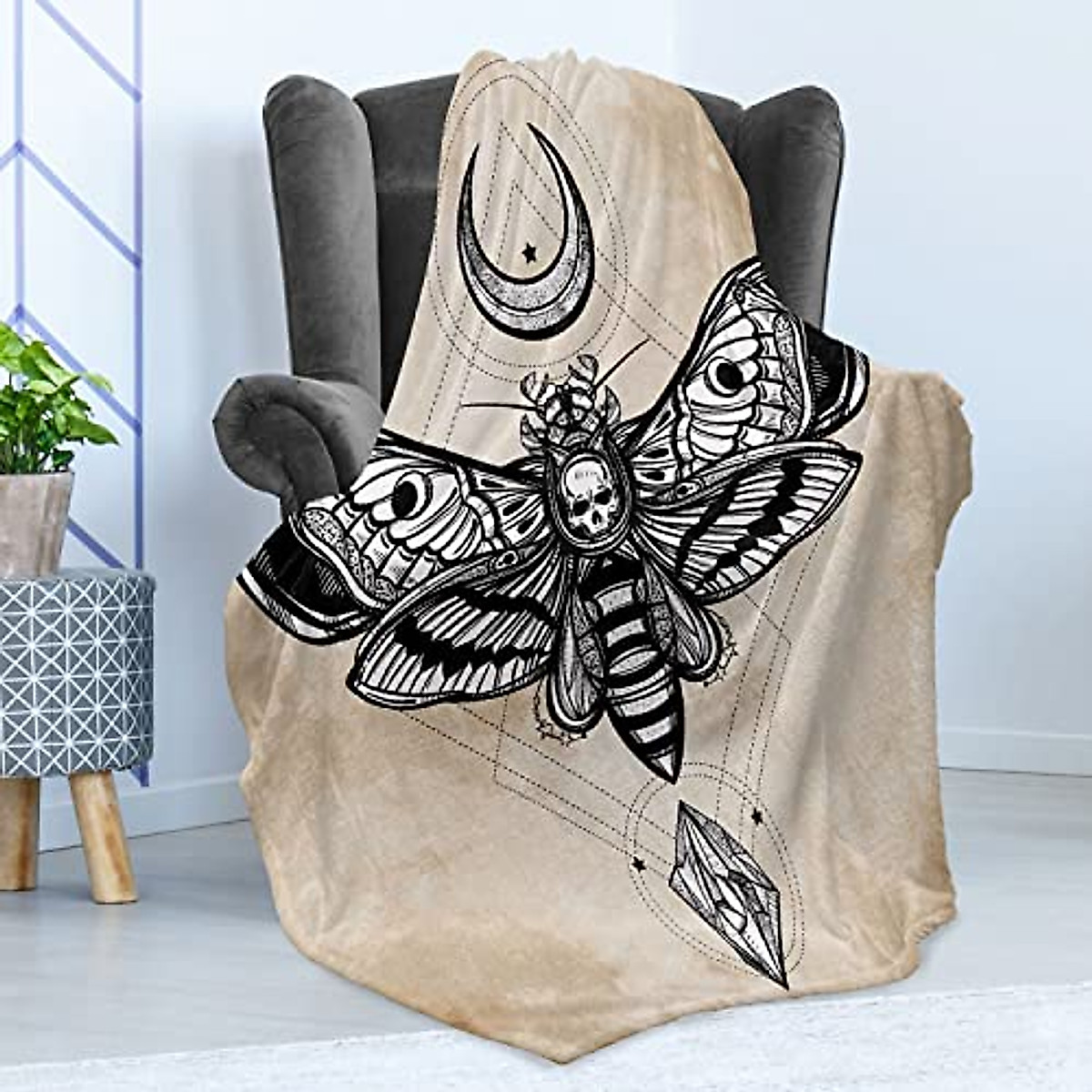 Ambesonne Fantasy Throw Blanket, Dead Head Hawk Moth Luna and Stone Magic Skull Illustration, Flannel Fleece Accent Piece Soft Couch Cover for Adults, 50" x 70", Black Beige