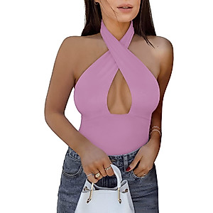 REORIA Women's Sexy Criss Cross Halter Neck Sleeveless Party Club Night Going Out Thong Bodysuits Tops Violet XX-Large