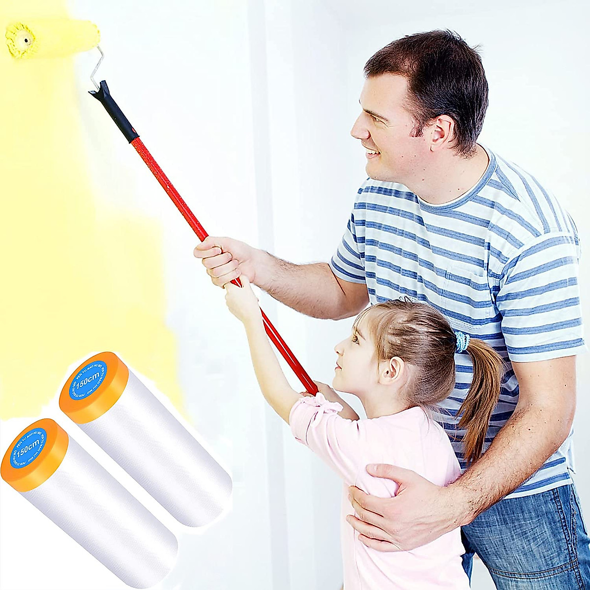 Painters Plastic With Tape, Pre-Taped Masking Film, 4 Rolls Automotive Best Tape and Drape, Paint Adhesive Protective Film Roll for Covering Skirting, Frames, Cars and Auto Body (5 X 65-Feet)