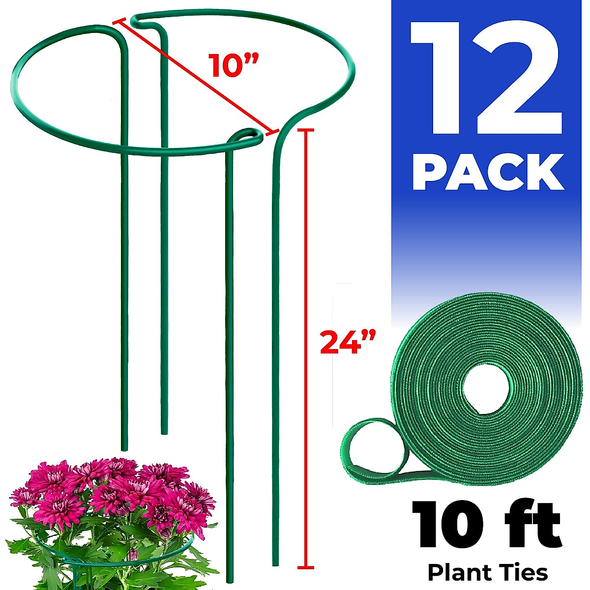 12 Pack Tall Snake Plant Support Stakes – 10" W x 24" H Half Round Peony Cages and Supports for Indoor and Outdoor Plants – Plant Cage Ring Support for Flower - Peony, Tomato, Hydrangea, Rose Bush