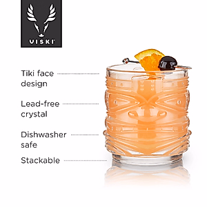 Viski Pacific Tiki Glasses Stackable Lowball DOF Tumblers, Tropical Cocktail and Bar Gifts for Rum and Whiskey, 12 Oz, Set of 2