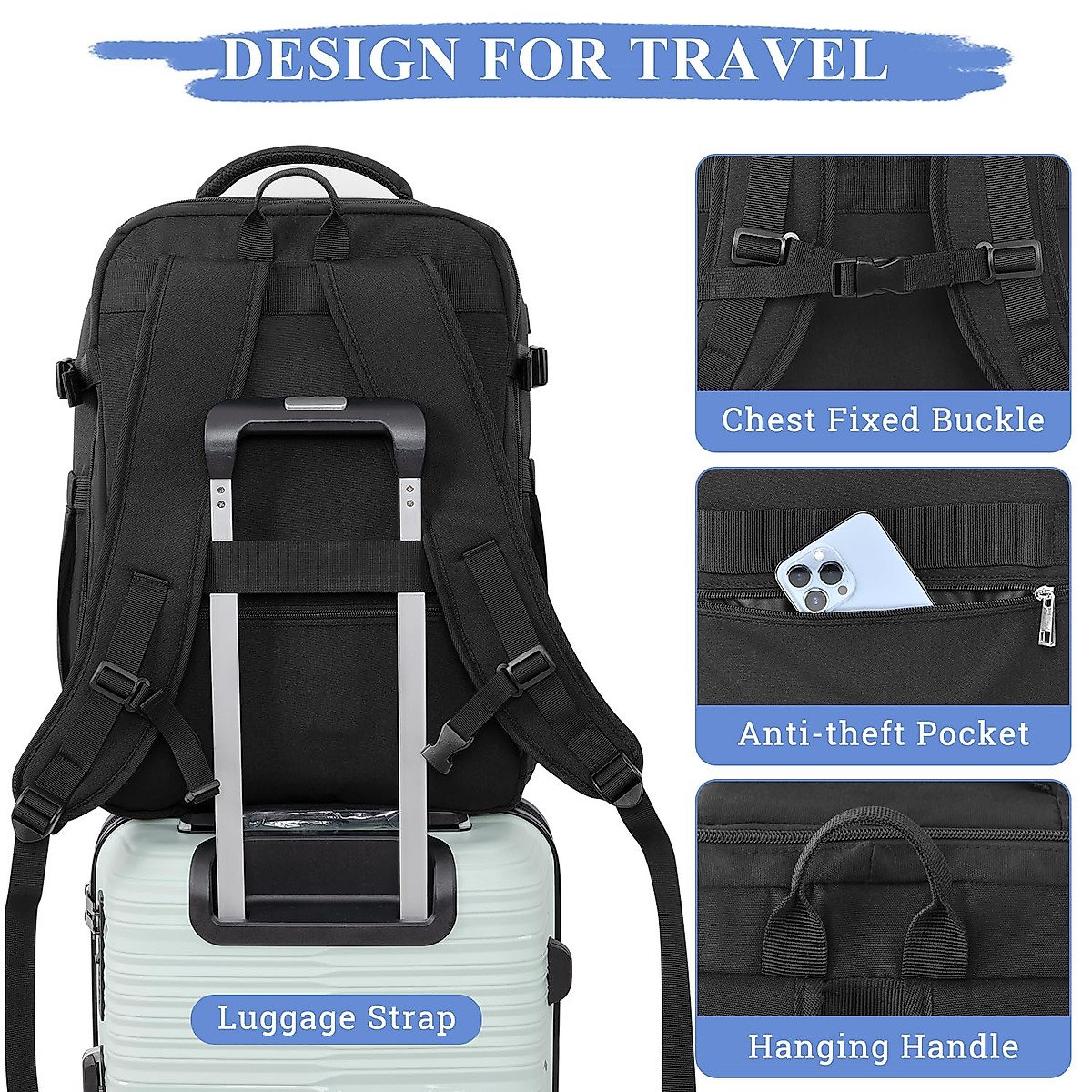 Sinaliy Personal Item Backpack, 40L Large Travel Backpack for Women Men, Waterproof Carry on Backpack for College, Business, Work