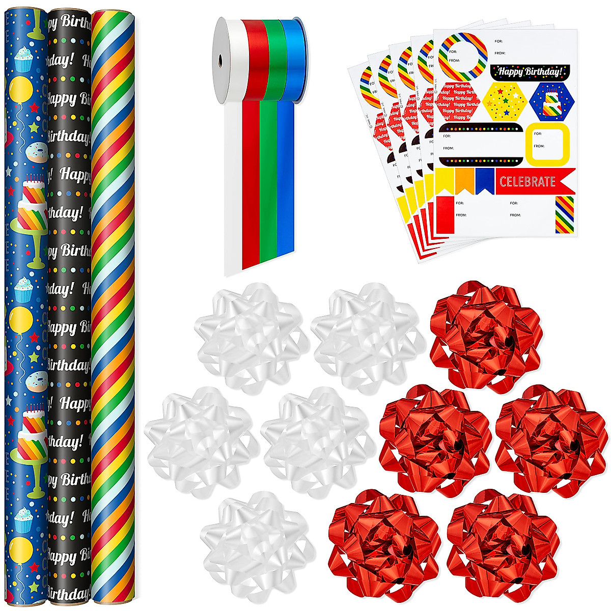 Hallmark Birthday Wrapping Paper Set (3 Rolls: 90 Sq. Ft. Ttl, 10 Bows, Ribbon, Gift Tag Stickers) Rainbow Stripes, Cake, "Happy Birthday" for Kids and Adults