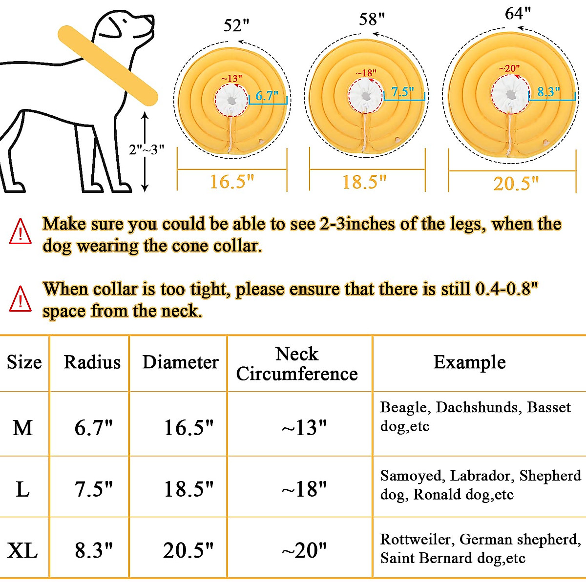 BABYLTRL Dog Cone Collar for After Surgery, Inflatable Pet Recovery Collar for Dogs and Cats, Soft Protective Recovery Cone to Prevent Pets from Touching Stitches, Wounds and Rashes (M, Yellow)