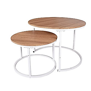 Round Nesting Coffee Table Modern Nesting Side Set of 2 End Table, for Living Room Balcony Garden, etc,Round Wooden Accent Coffee Table with Solid Powder-Coated Metal Frame (Teak)