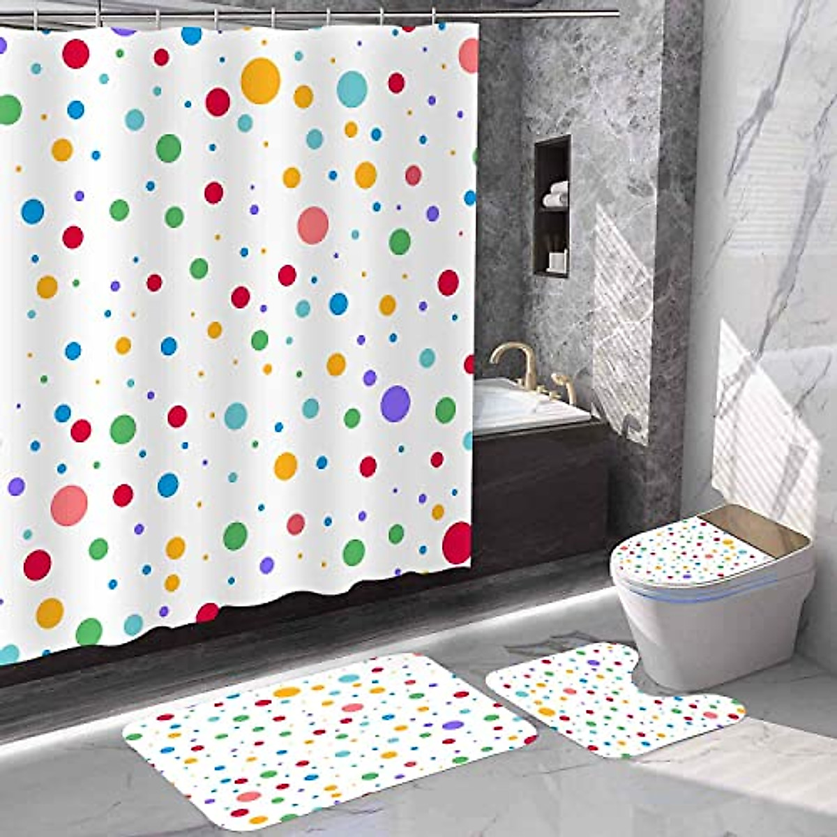 4 Pcs Rainbow Polka Dot Shower Curtain Set, Colorful Abstract Circles Bathroom Sets with Shower Curtain and Rugs, Bath Curtain and Bath Mat, Toilet Lid Cover and U Shaped Rug, 12 Hooks, SETLSSD265
