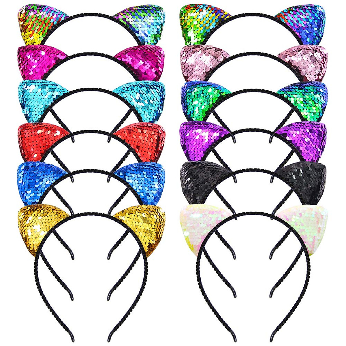 Beinou Reversible Sequin Cat Ears Headband - Shiny Bling Kitty Hairband with Ear Hair Hoops, Cute Hair Accessories for Girls Women, Suitable for Daily Wear and Party Decorations