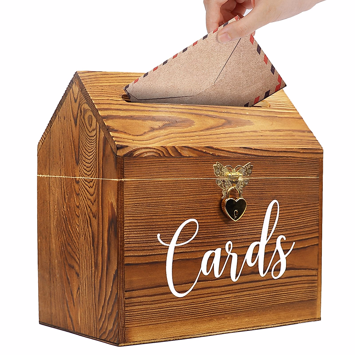 Yamahiko Card Box Wedding Card Box for Reception, Vintage Large Wedding Gift Card Holder Box with Heart Lock, Big Wedding Card Envelope Holder Box with Lid Wood Card Box for Wedding Party